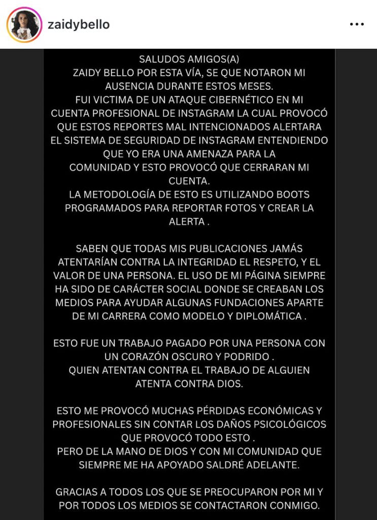 Hackean Instagram de Zaidy Bello: “Esto fue un trabajo pagado por una ...